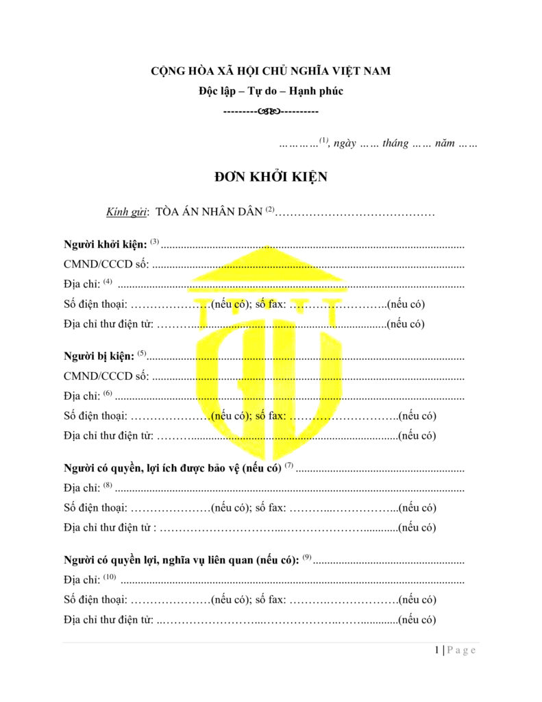 MẪU ĐƠN KHỞI KIỆN DÂN SỰ